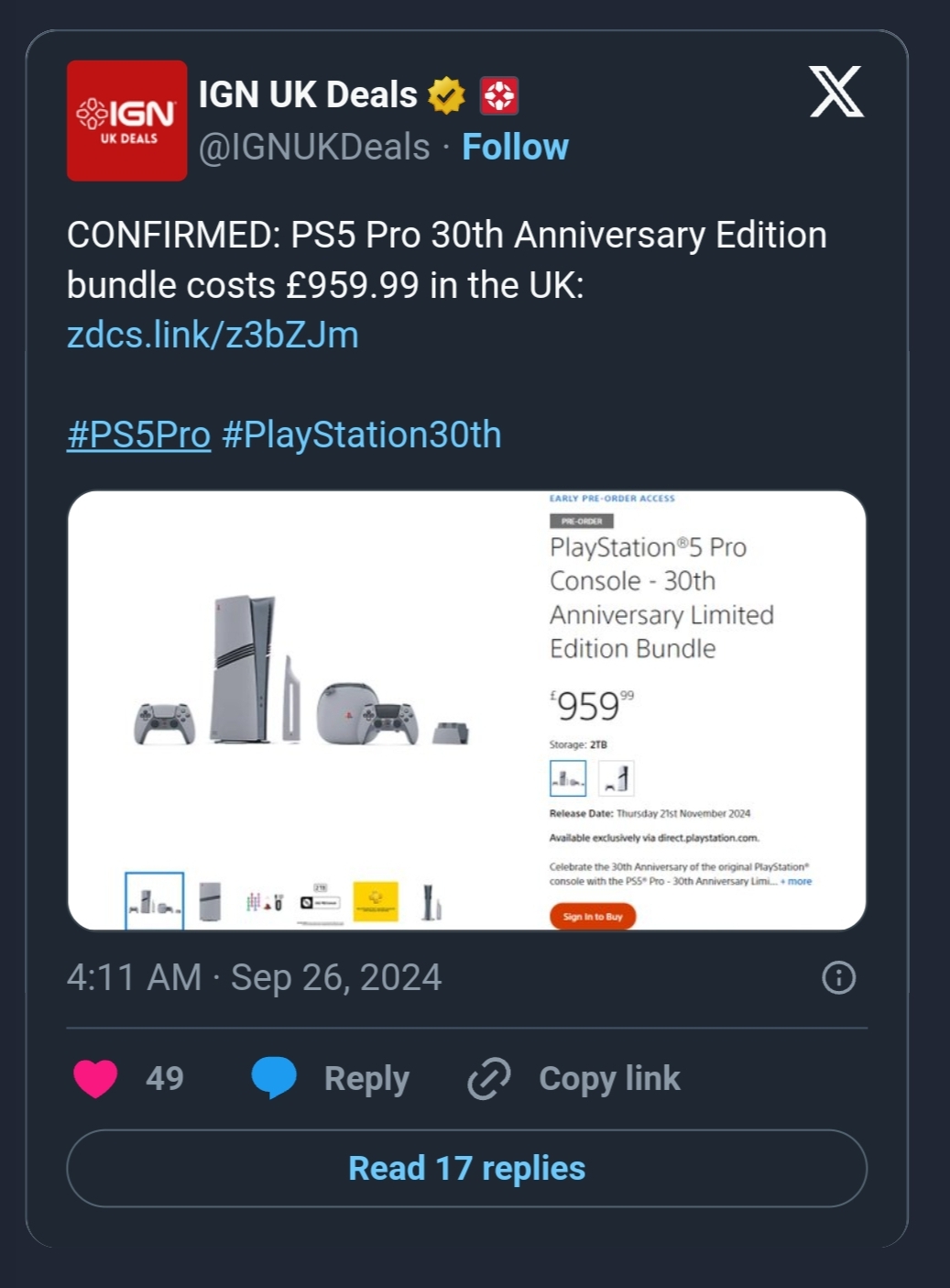 PS5 Pro 30th anniversary bundle will retail at £959.99 in the UK ...